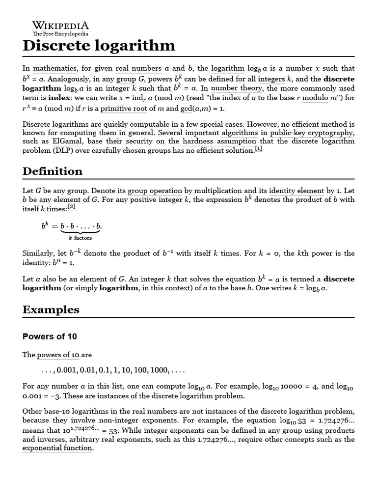 Discrete Logarithm - Wikipedia | PDF | Group (Mathematics) | Number Theory