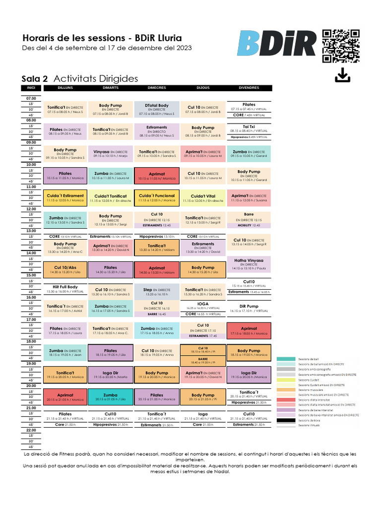 Horaris Activitats Dirigides Bdir Lluria | PDF