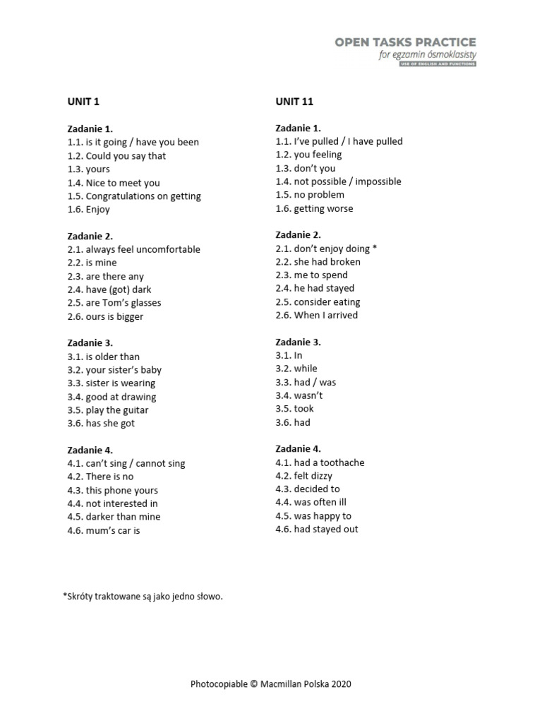 Open Tasks Practice Sample U1 U11 Answer Key | PDF