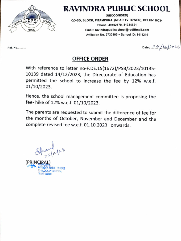 Ravindra Public School Fee Hike Notice | PDF | Service Industries | Money