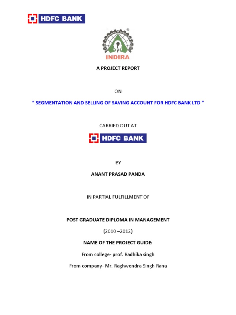 A Project Report Segmentation And Selling Of Saving Account For Hdfc Bank Ltd Pdf 6442