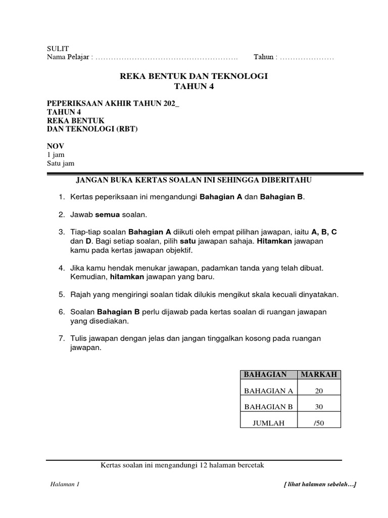Peperiksaan Akhir Tahun RBT TAHUN 4 | PDF