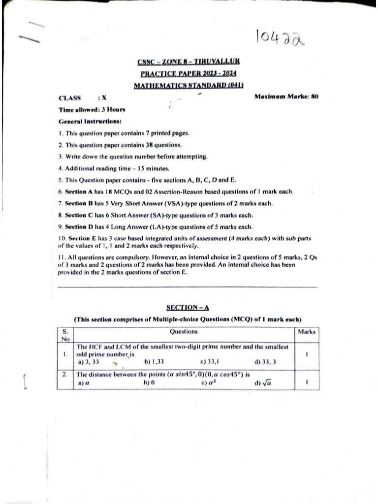 Class 10 Chennai (Thiruvallur) Sahodaya Standard QP | PDF