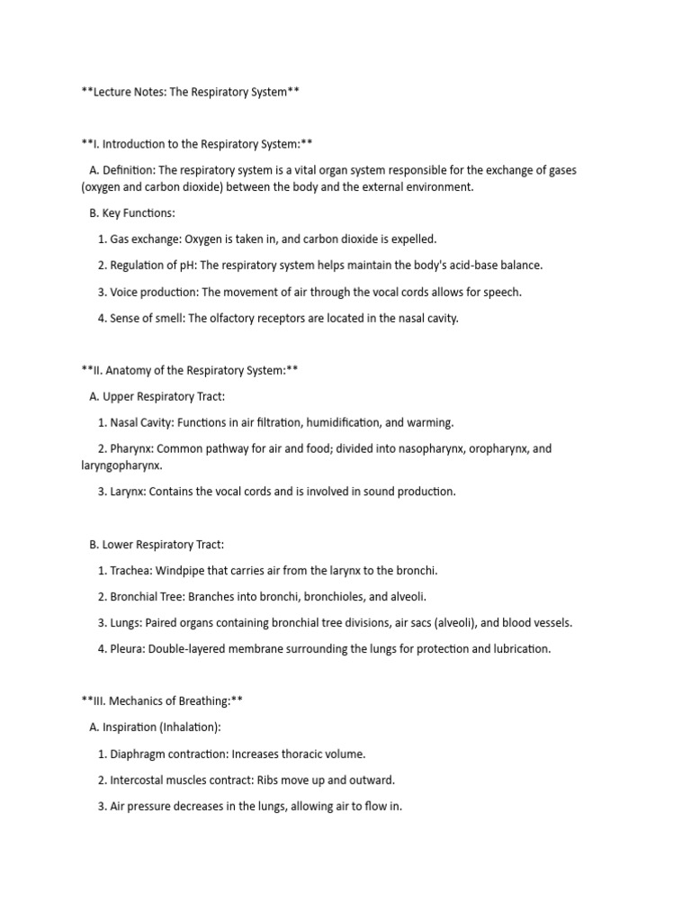 Lecture Notes - Respiratory System | PDF | Respiratory Tract ...