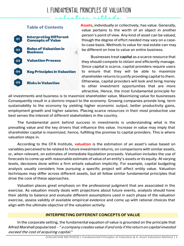 (VAL. METH.) I. Fundamental Principles of Valuation & II. Asset Valuation Methods | PDF ...