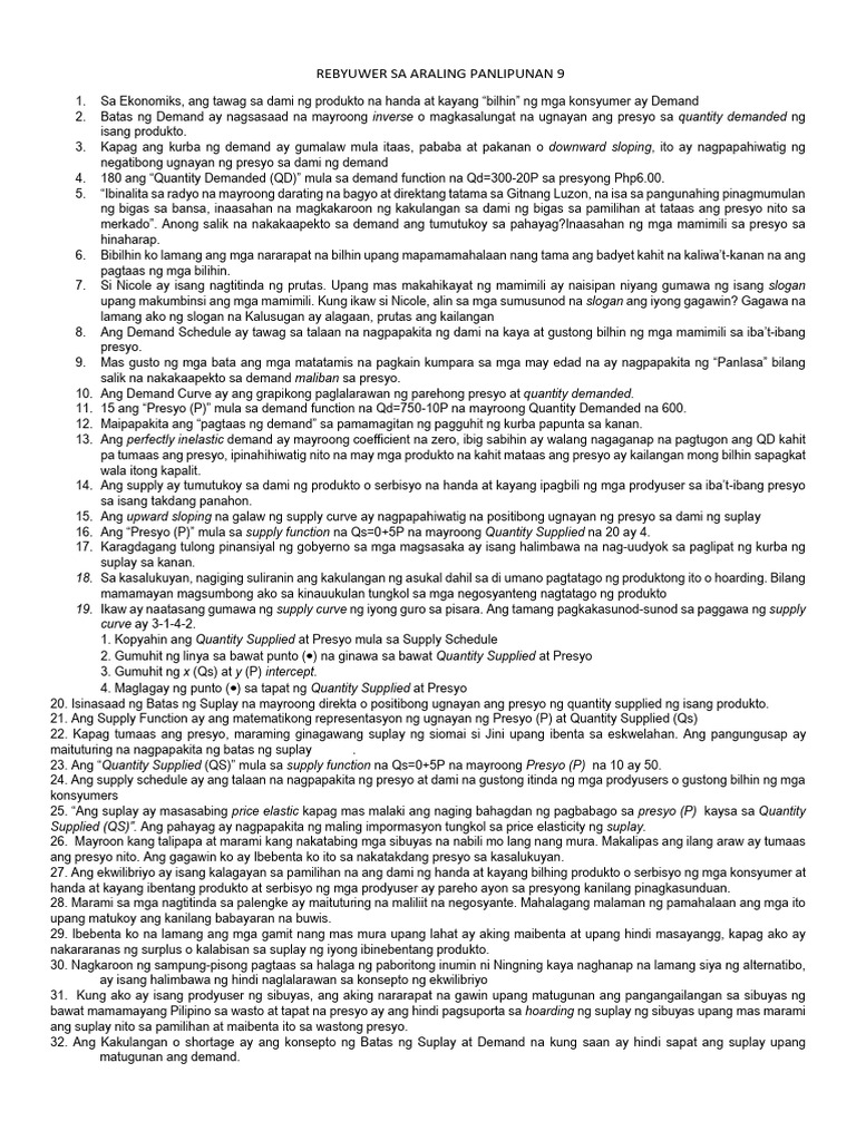 Rebyuwer Sa AP Grade 9 Ikalawang Markahan | PDF