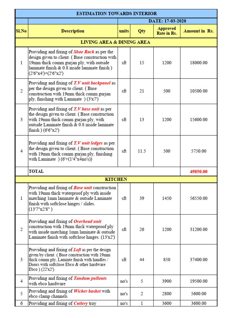 Kiran Srivastava Full Interior Estimation | PDF | Home | Equipment