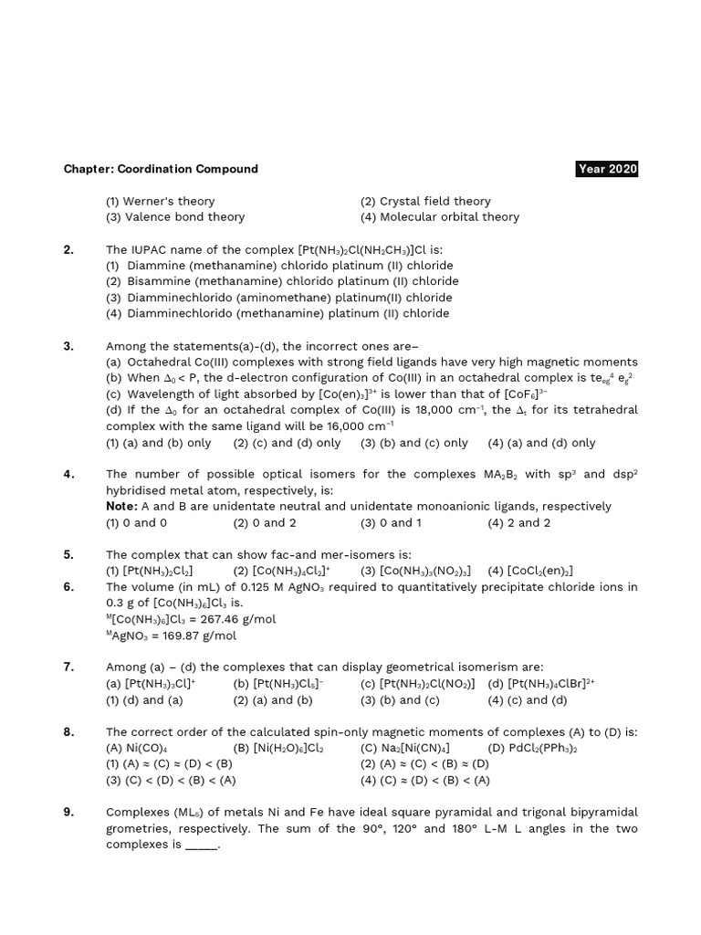 DPP - Coordination Chemistry | PDF | Coordination Complex | Chemistry