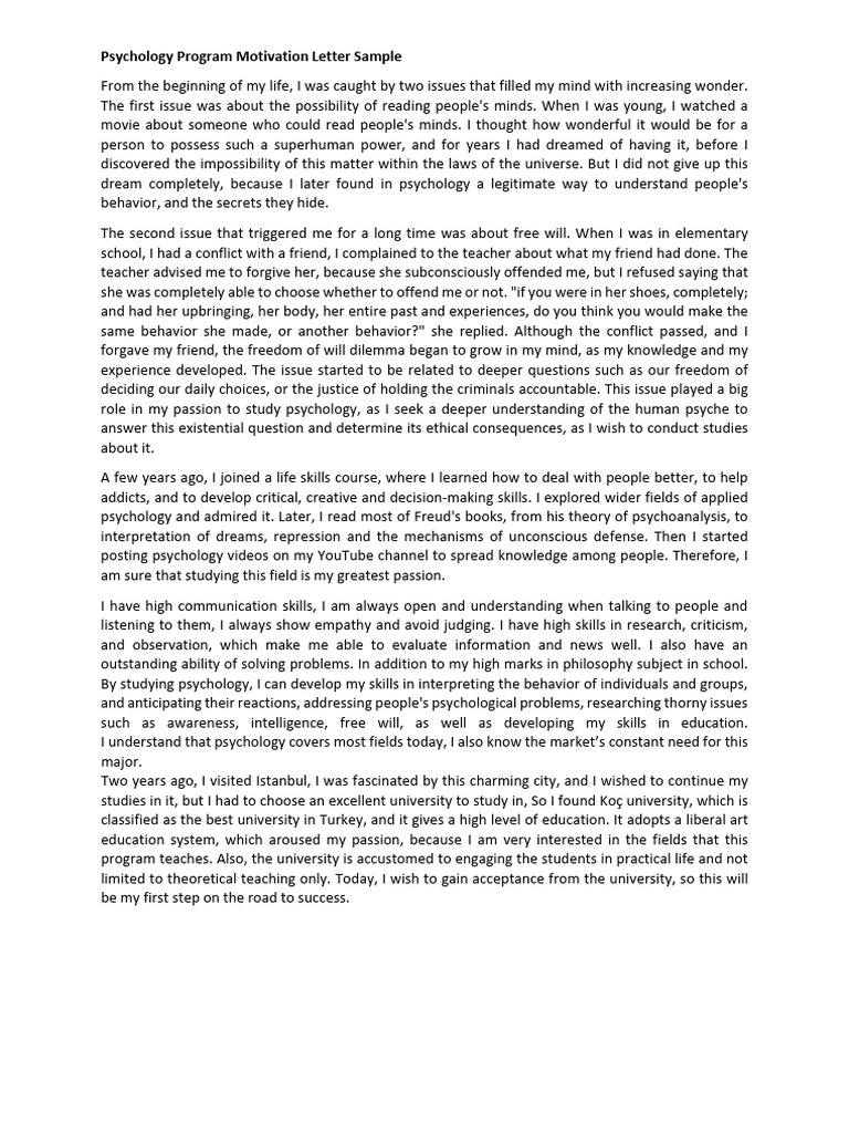 Psychology Program Motivation Letter Sample | PDF | Psychology | Free Will
