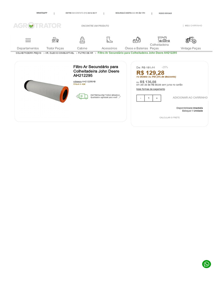 Filtro Ar Secundário para Colheitadeira John Deere AH212295 ...