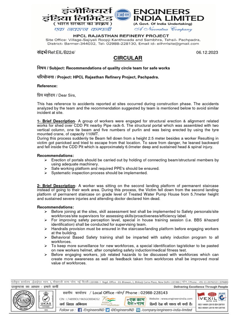 Circular-Recommendations of Quality Circle Team For Safe Works | PDF