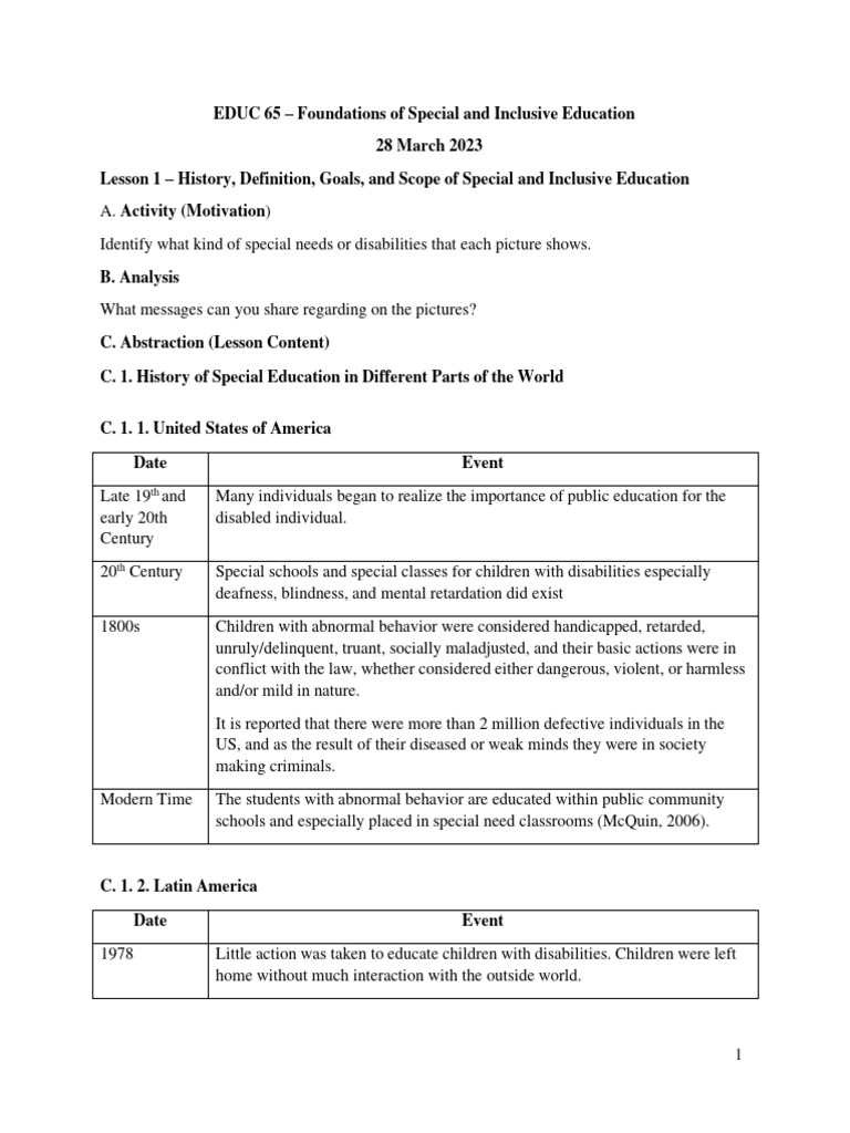 Lesson Handout - EDUC 65 - Lesson 1 History Definition Goals and Scope of Special and Inclusive ...