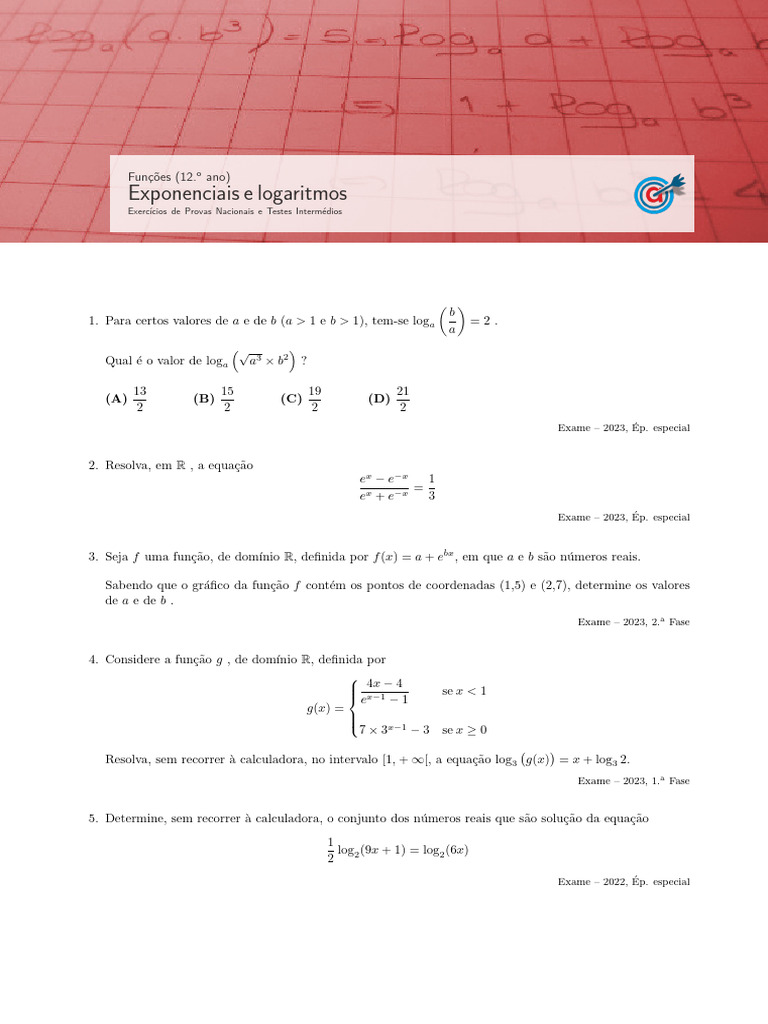 Funções - Exponenciais e Logaritmos (12.º Ano) - 1 - Enunciados | PDF ...