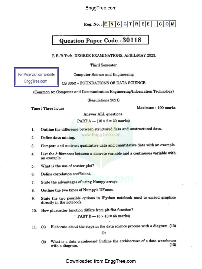 CS3352 Foundations of Data Science Apr May 2023 Question Paper Download ...