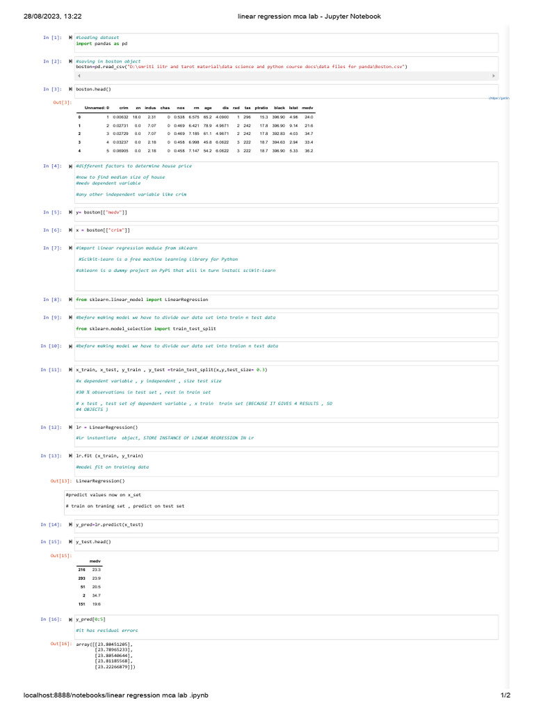 Linear Regression Mca Lab - Jupyter Notebook | PDF | Errors And Residuals | Regression Analysis