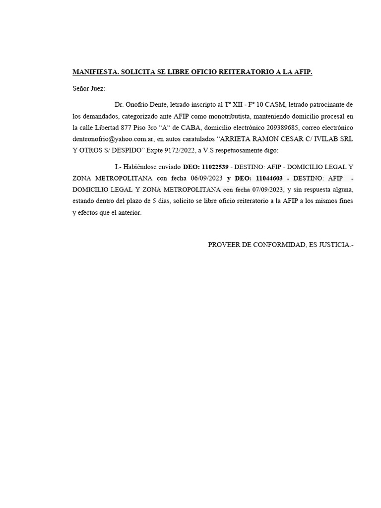 Manifiesta. Solicita Se Libre Oficio Reiteratorio A La Afip. | PDF | Negocios | Derecho