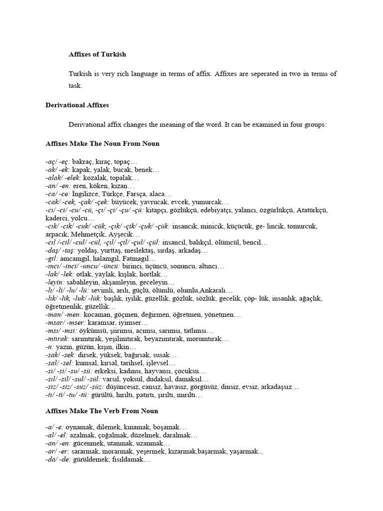 Affixes of Turkish | PDF