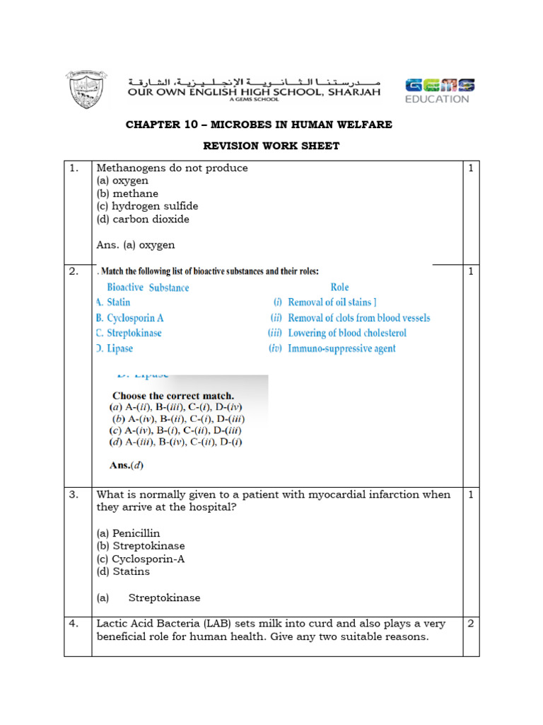 Microbes in Human Welfare - Revision Work Sheet | PDF | Anaerobic Digestion | Biogas