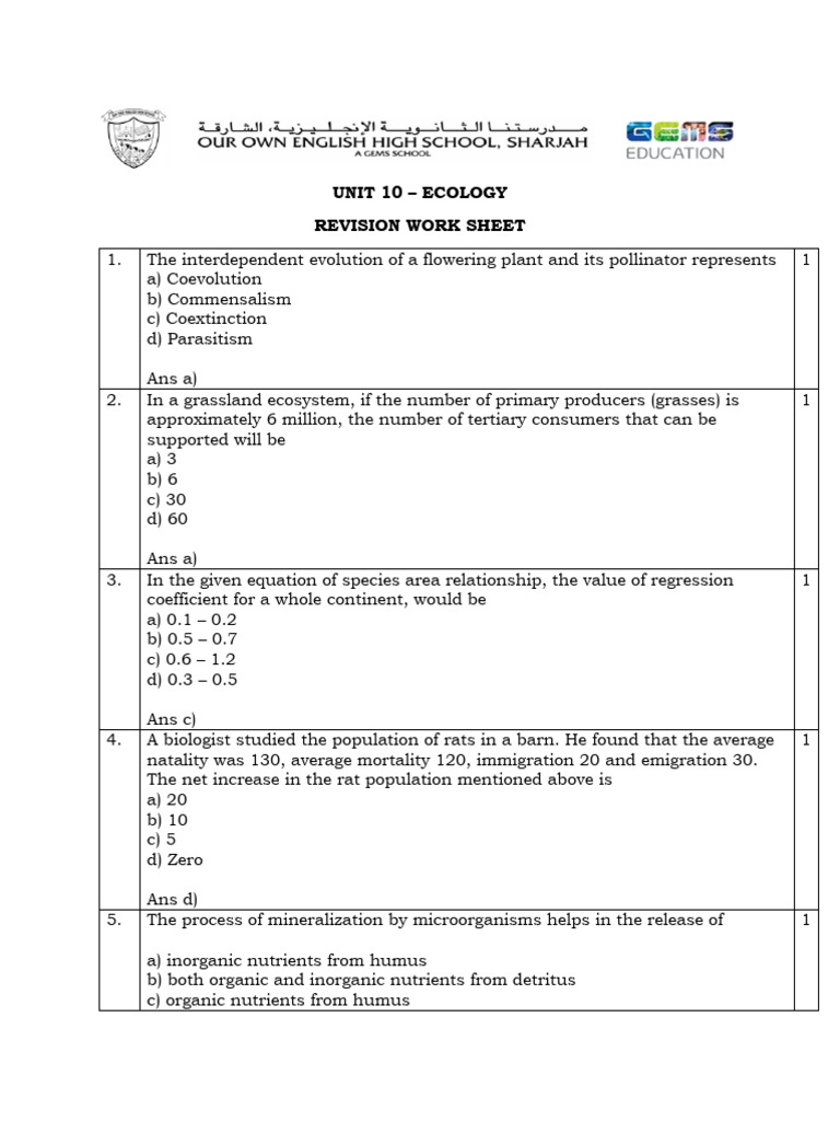 Ecology Revision Worksheet Questions | PDF | Decomposition | Soil