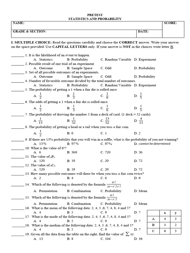 Pretest Stat - Prob | PDF | Probability | Experiment