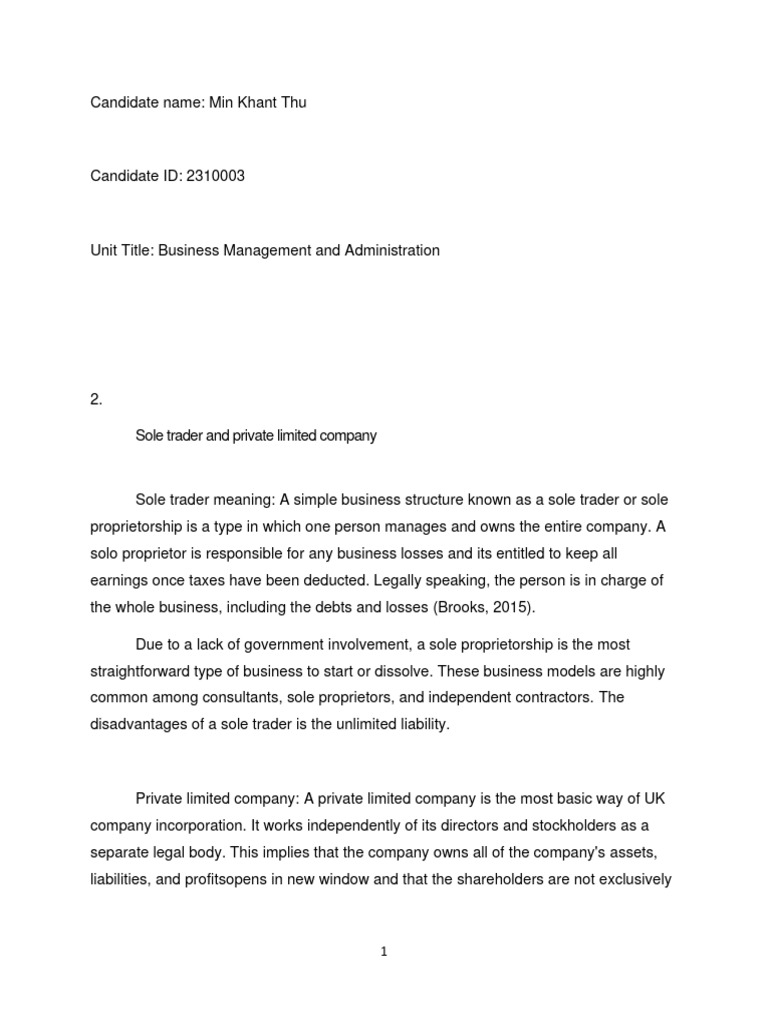 Min Khant Thu - 2310003 - Business Management & Adminstration - Docx (Question 2) | PDF | Sole ...