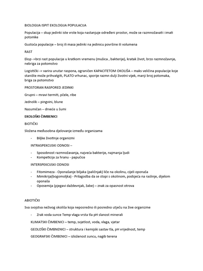 Biologija Ispit Ekologija Populacija | PDF