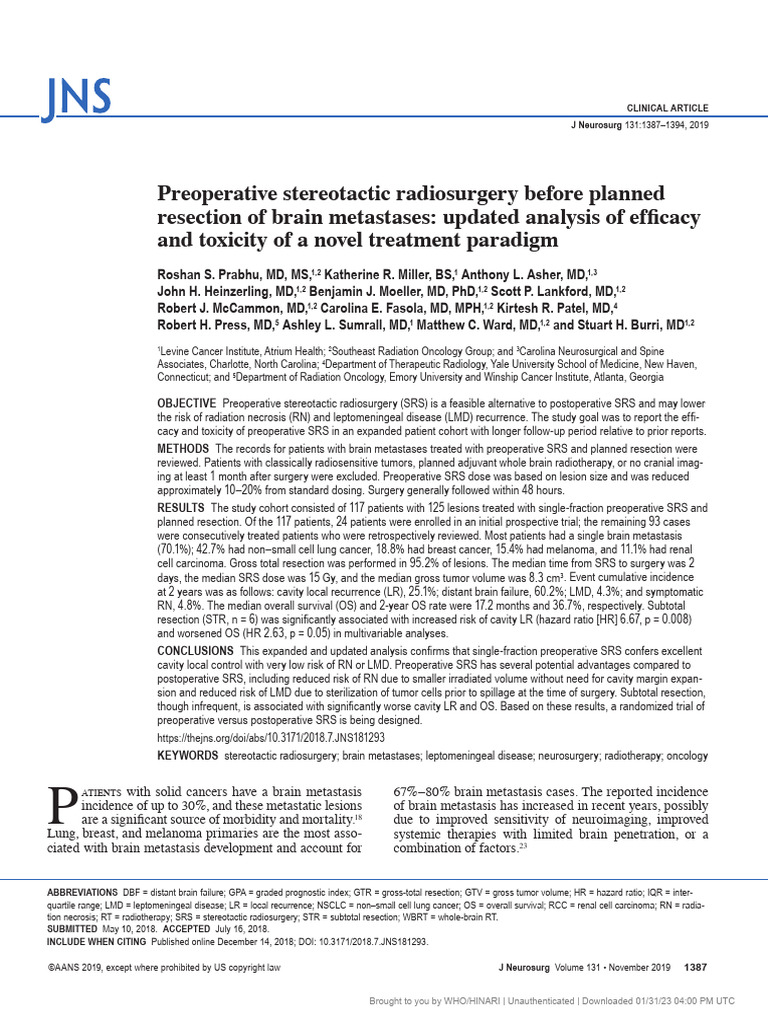 SRS Mets Preoperative Stereotactic Radiosurgery Before Planned ...