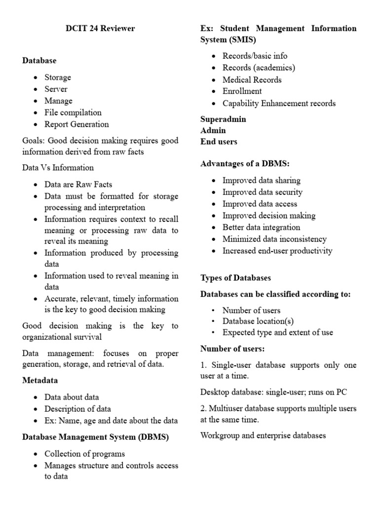 DCIT 24 Reviewer | PDF | Databases | Relational Database