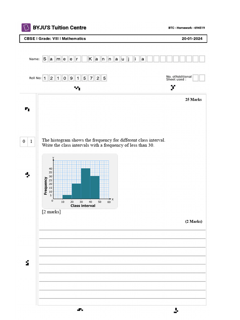 CBSE Grade VIII Mathematics 20-01-2024 | PDF | Chart | Histogram