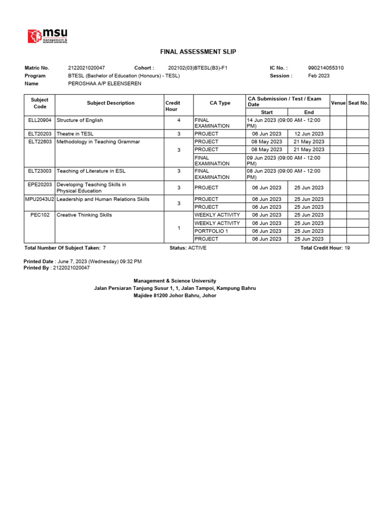 Final Assessment Slip | PDF | Vocational Education | Qualifications