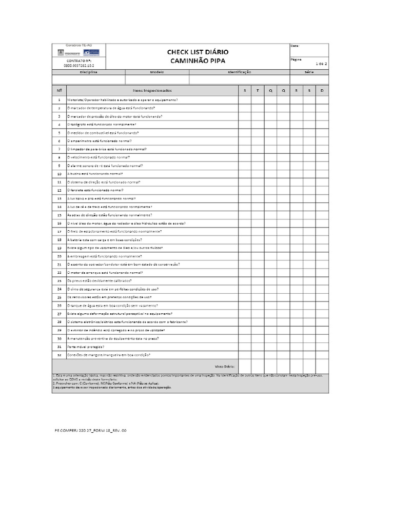 Check List Diário Caminhão Pipa | PDF