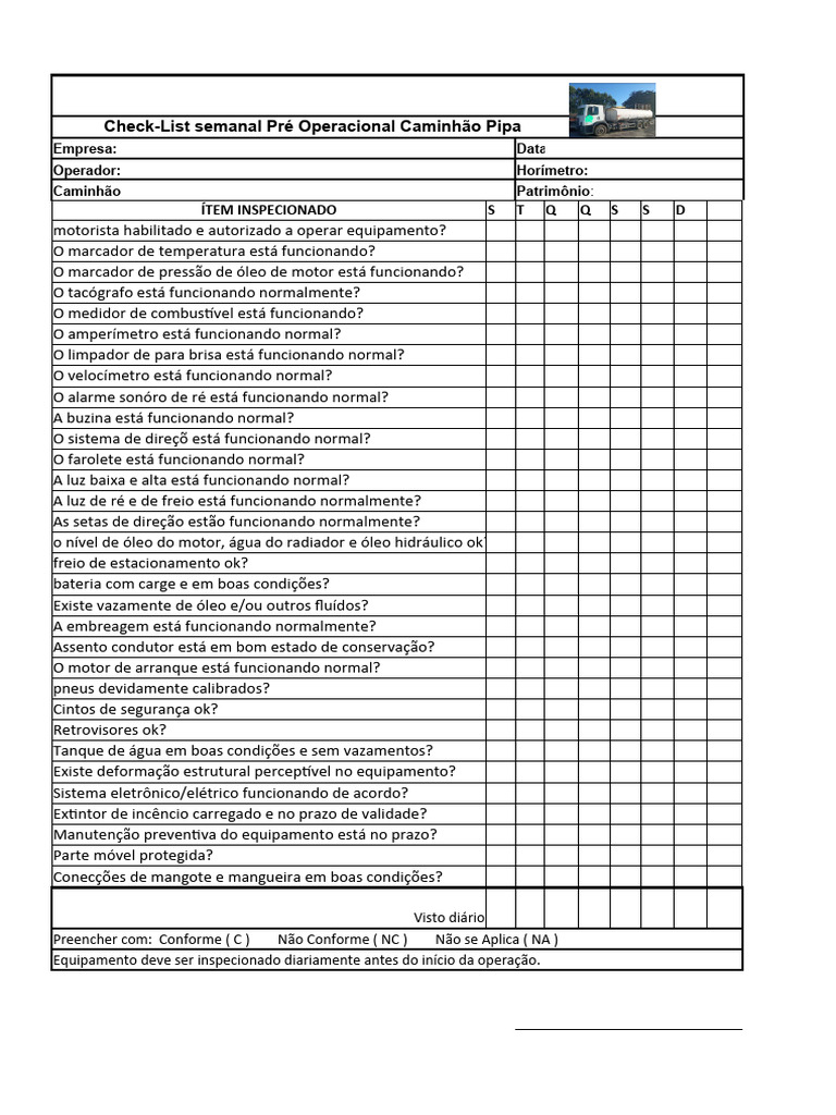 Check List Semanal Caminhão Pipa | PDF