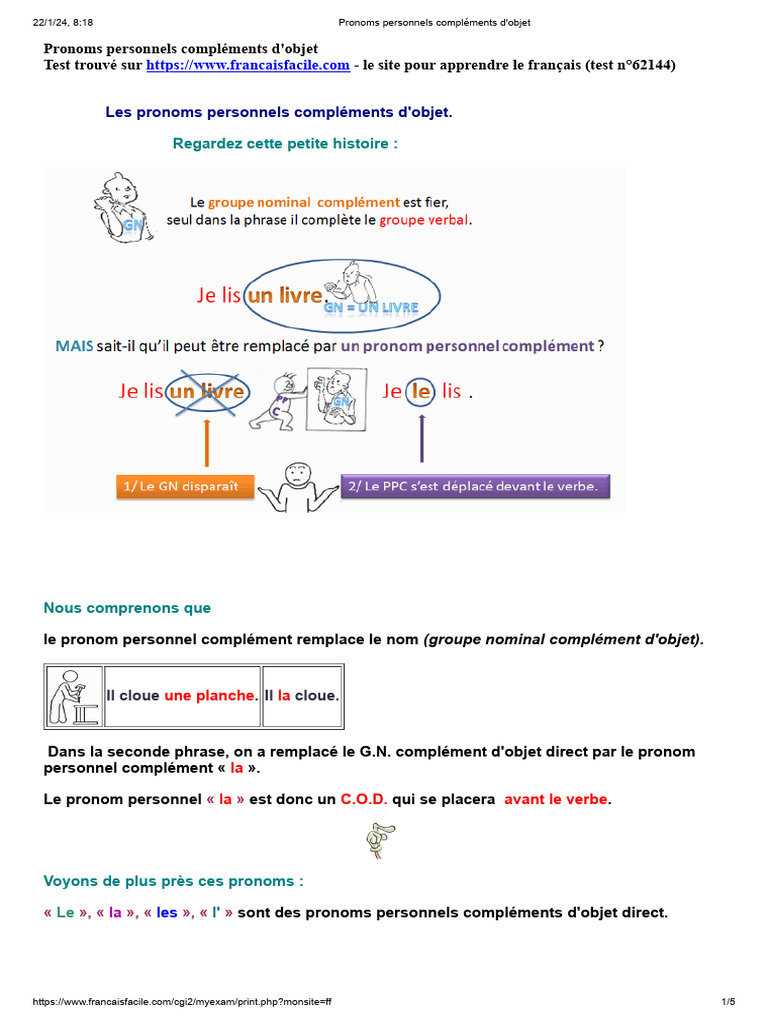 Pronoms Personnels Compléments D'objet | PDF