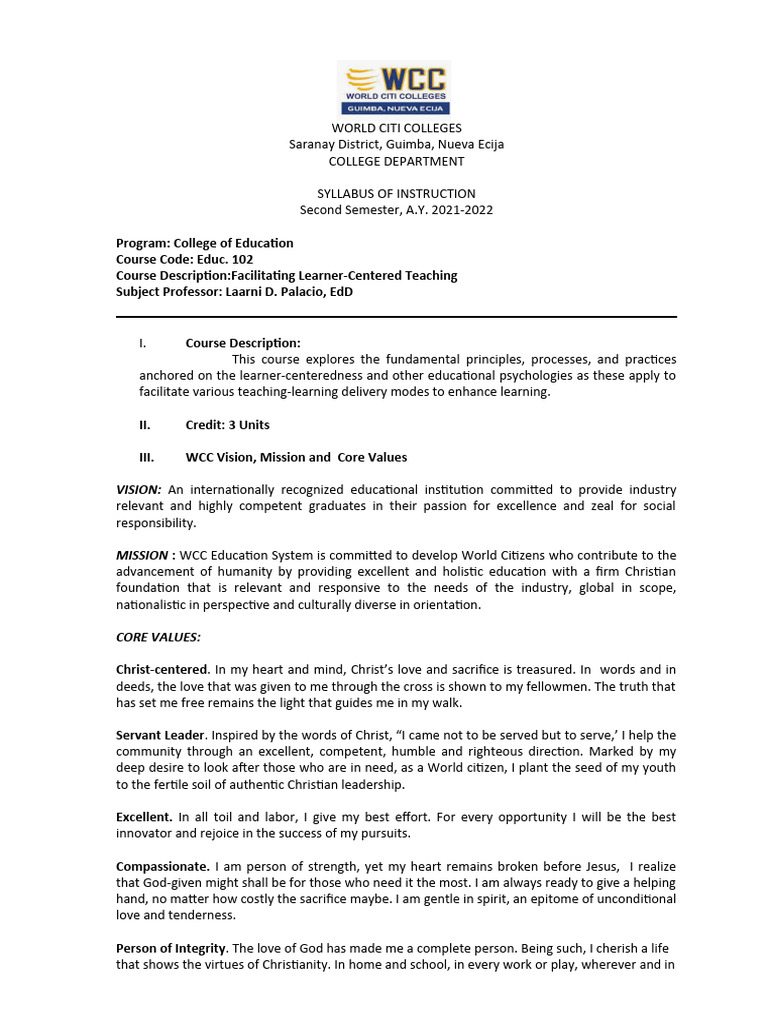 Syllabus On Educ.102 (Faci - LCT) Old | Download Free PDF | Learning ... Syllabus On Educ.102 (Faci - LCT) Old | Download Free PDF | Learning ...