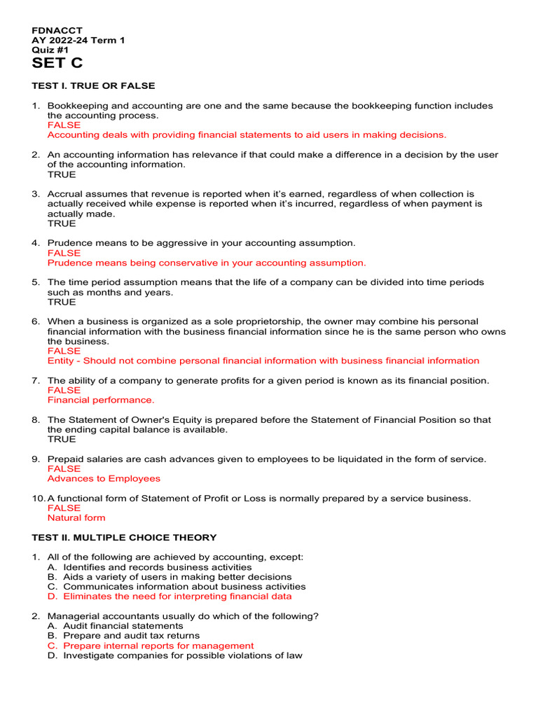 FDNACCT - Quiz #1 - Answer Key - Set C | PDF | Equity (Finance) | Expense