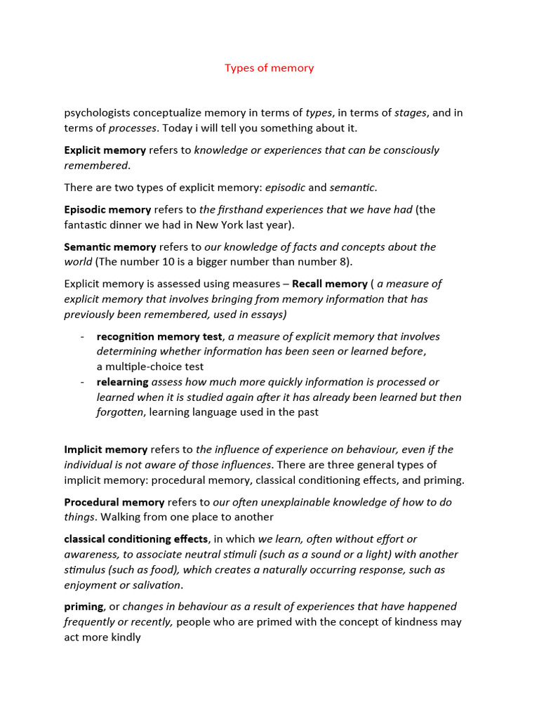 Types of Memory | PDF | Memory | Priming (Psychology)