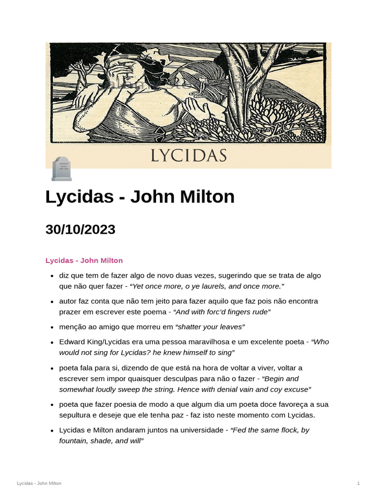 Lycidas - John Milton NOTION | PDF | Clássicos