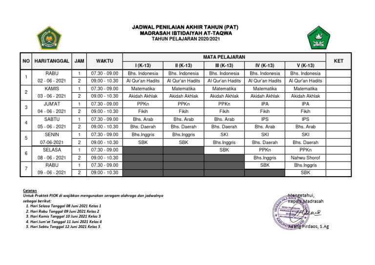Jadwal PAT - 2021 Revisi | PDF