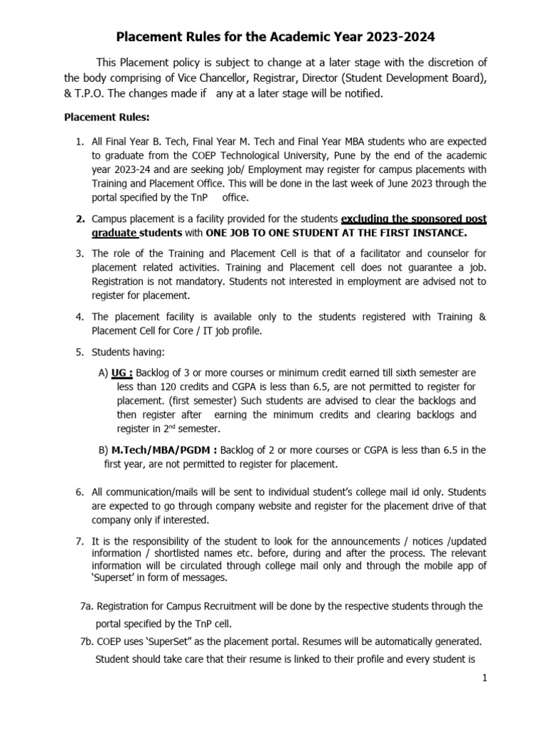 New Placement Policy-2023-2024 | PDF