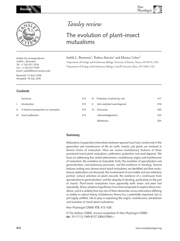 2006 Bronstein The Evolution of Plant Insect Mutualisms | PDF ...