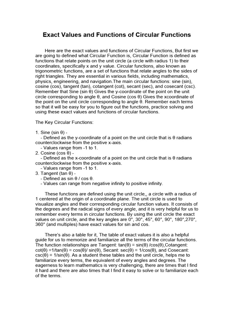 Exact Values and Functions of Circular Functions | PDF | Trigonometric Functions | Classical ...