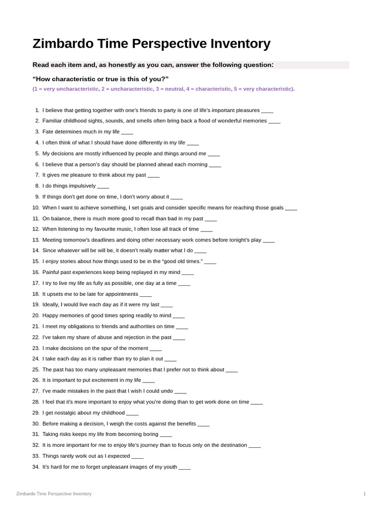 Zimbardo Time Perspective Inventory | PDF | Pleasure | Mental Processes