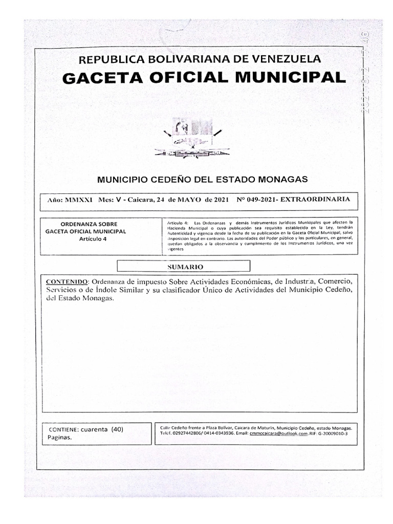 Ordenanza Imaes Municipio Cedeño 2021 | PDF