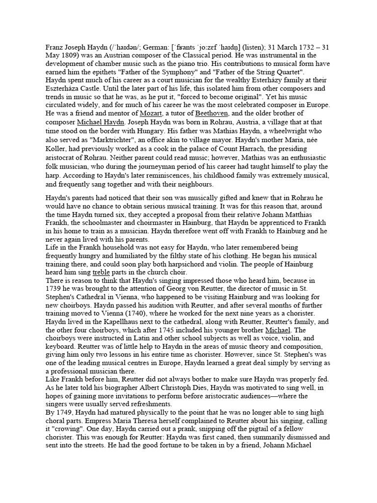 Franz Joseph Haydn Bio | PDF | Classical Music