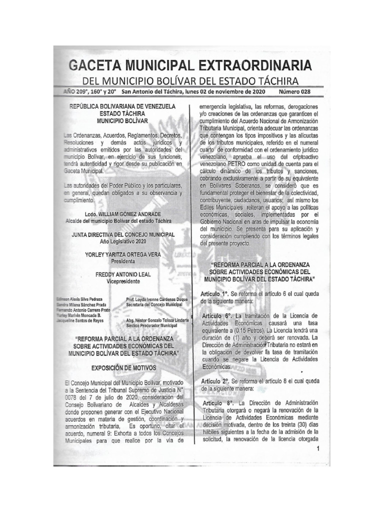 Ordenanza Imaes Municipio Bolivar 2020 | PDF