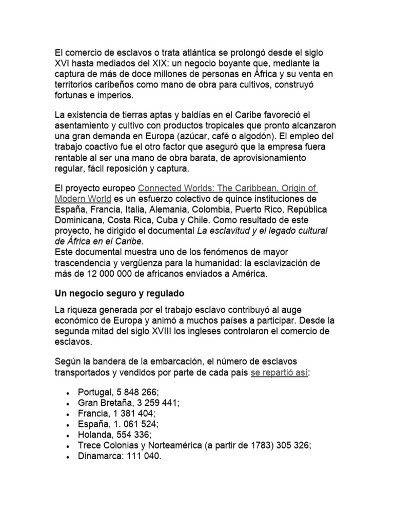 El Comercio de Esclavos o Trata Atlántica Se Prolongó Desde El Siglo XVI Hasta Mediados Del XIX ...