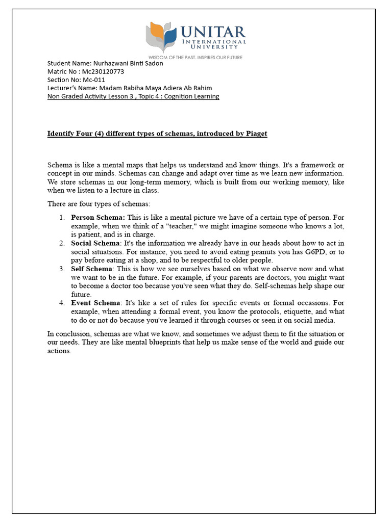 Non Graded Activity - Assignment | PDF | Schema (Psychology) | Learning ...