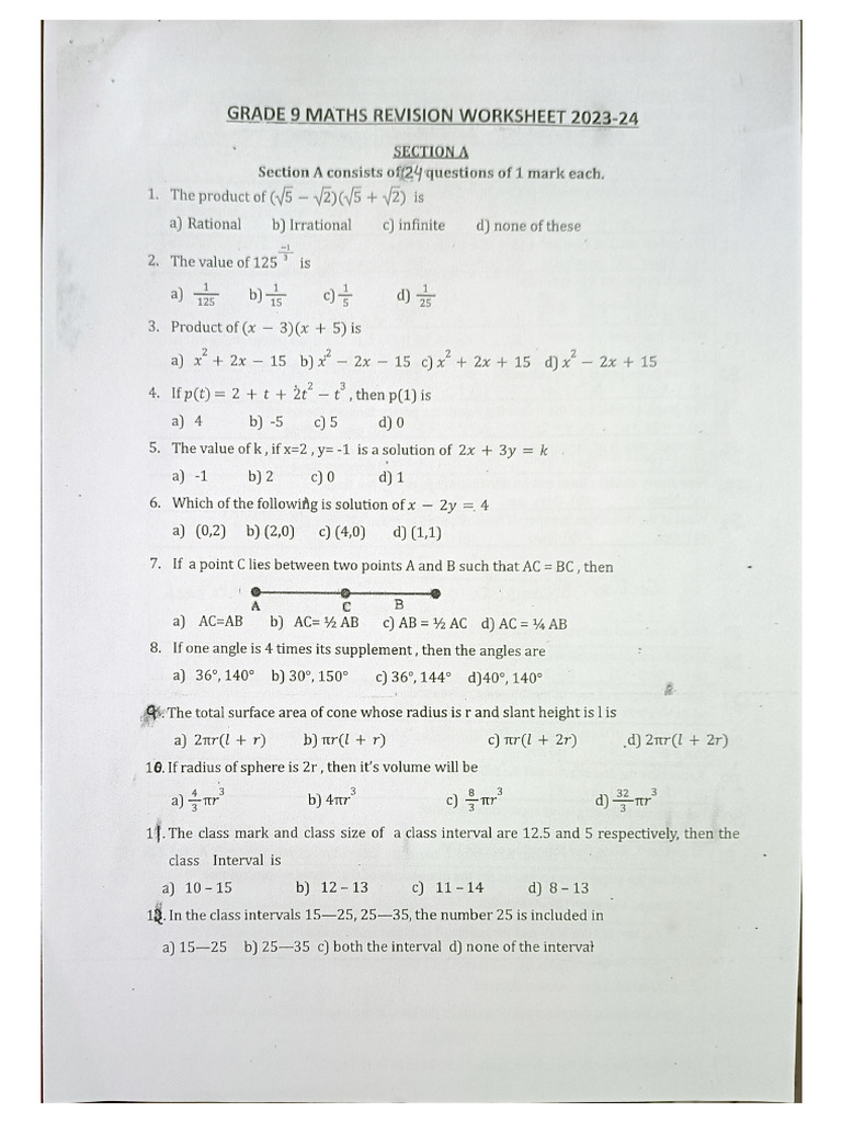 Grade 9 Math Worksheet 2023-24 | PDF