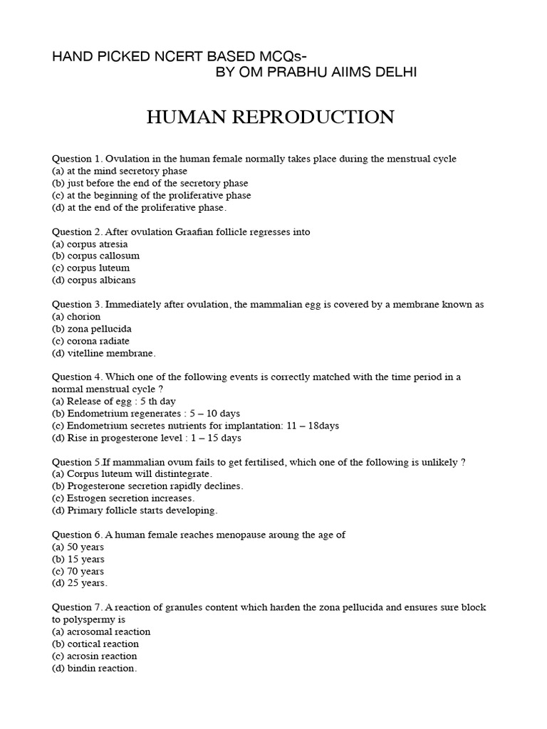 HUMAN REPRUCTION NCERT BASED HAND PICKED MCQs | PDF | Menstrual Cycle ...
