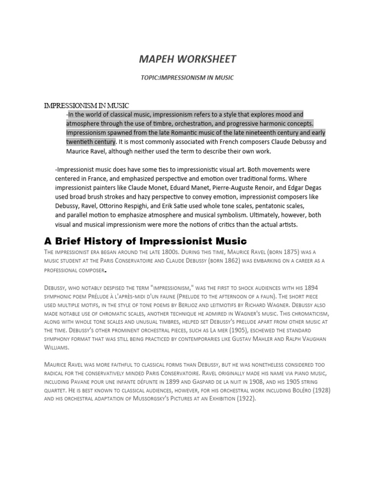 Mapeh Worksheet 2 | PDF | Impressionism | Musical Compositions